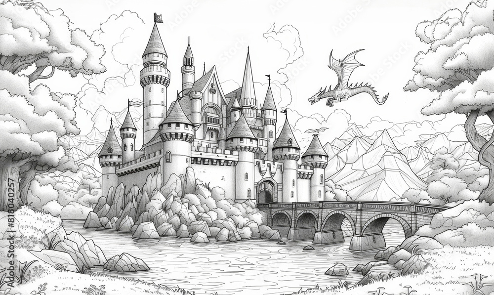 fantasy castle art, color a magical castle with towering towers, a ...