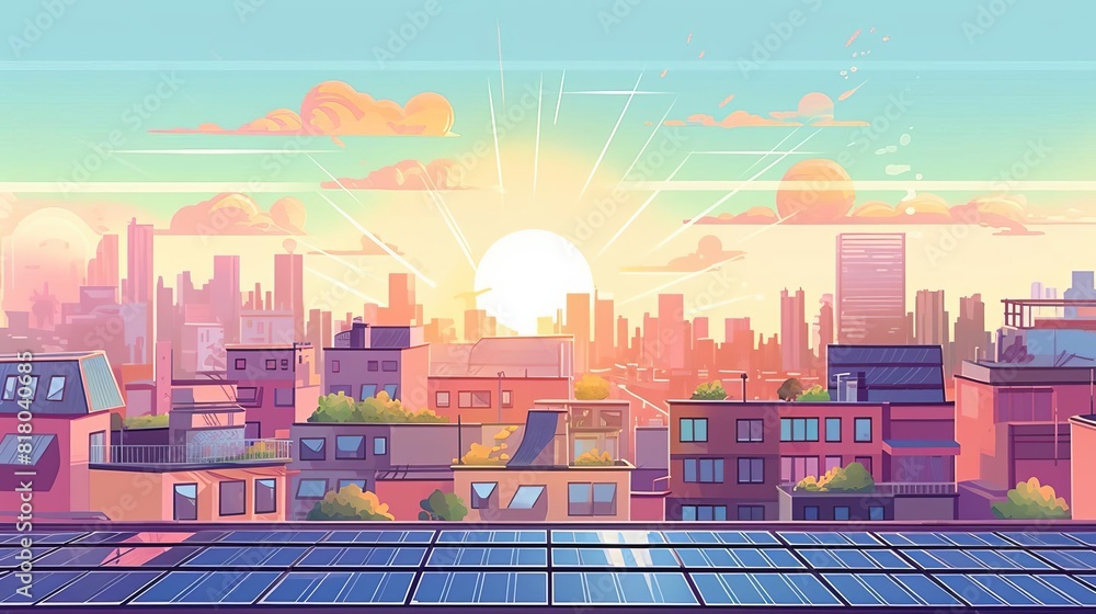 urban solar installation flat design front view city rooftops theme ...