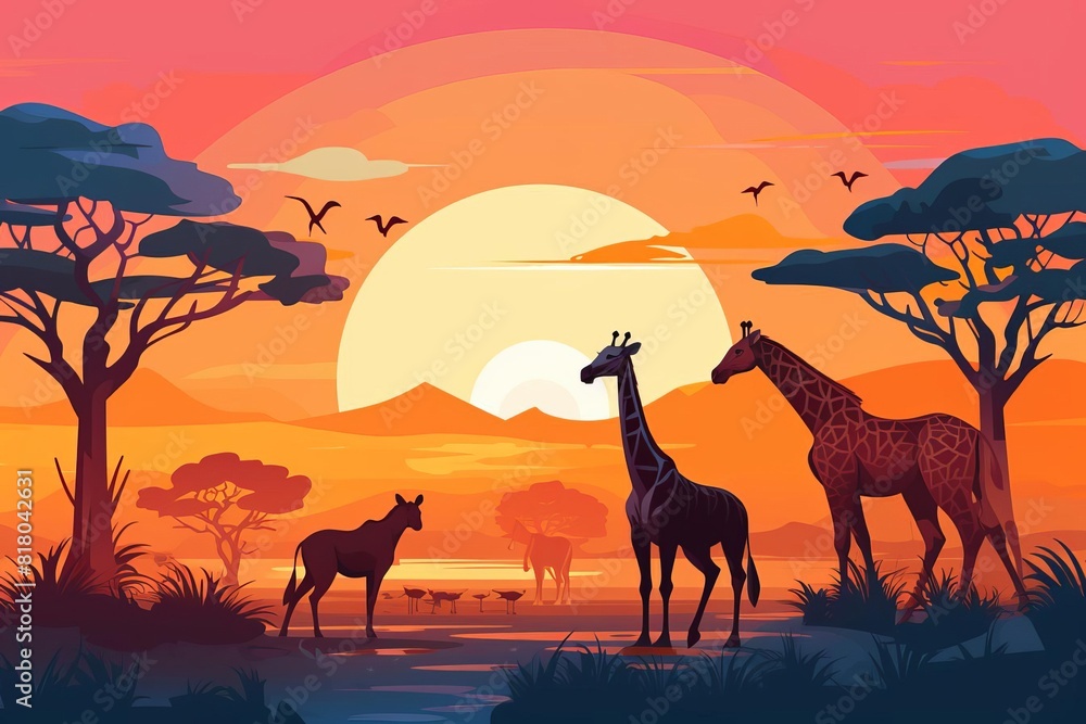 wildlife scene flat design front view savannah theme animation Triadic ...