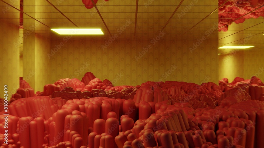 3d illustration red objects filled backrooms room liminal spaces ...