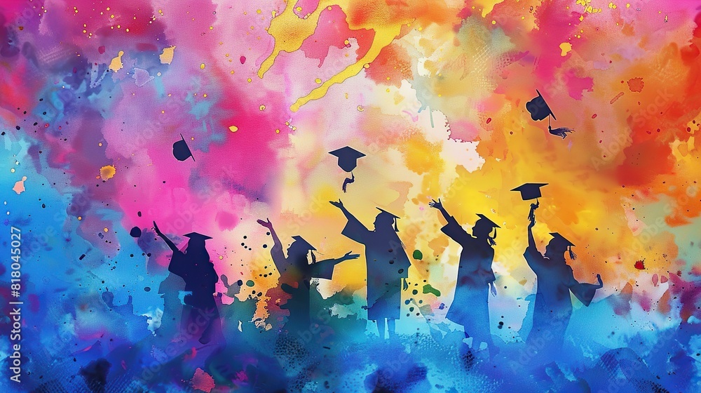 Vibrant watercolor splash background with silhouettes of graduates ...