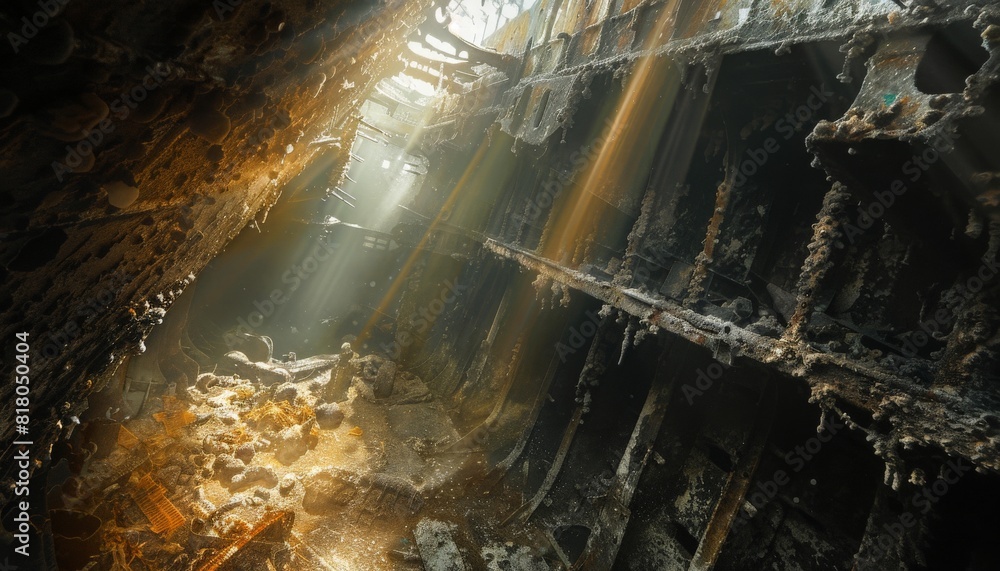 The interior of a forgotten shipwreck, encrusted with barnacles and ...