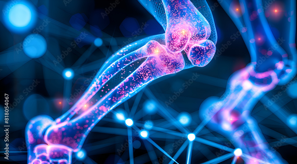 A skeleton with pink and blue bones is shown in a blue background. The ...