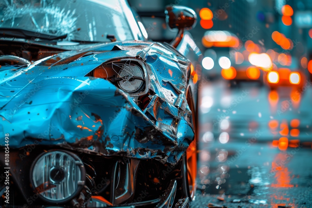 Damaged Blue Sports Car in Traffic Collision on Busy City Road Stock ...