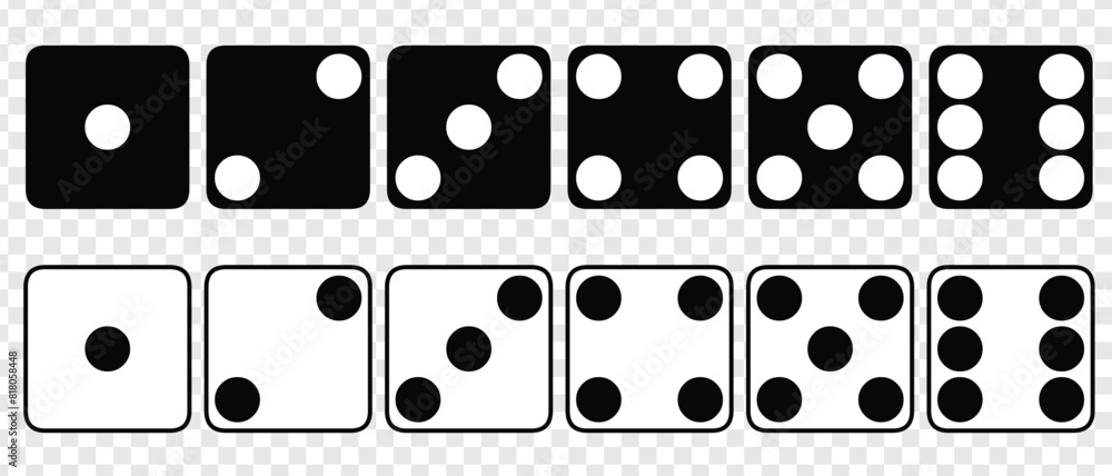 Game dice set isolated on transparent background. Set of dice in flat and linear design from one ...