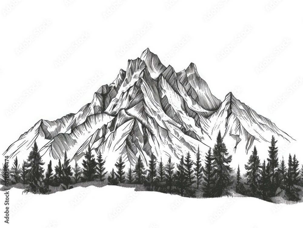 Drawn Mountain. Hand Drawing of Engraved Rocky Peaks and Pine Trees in ...