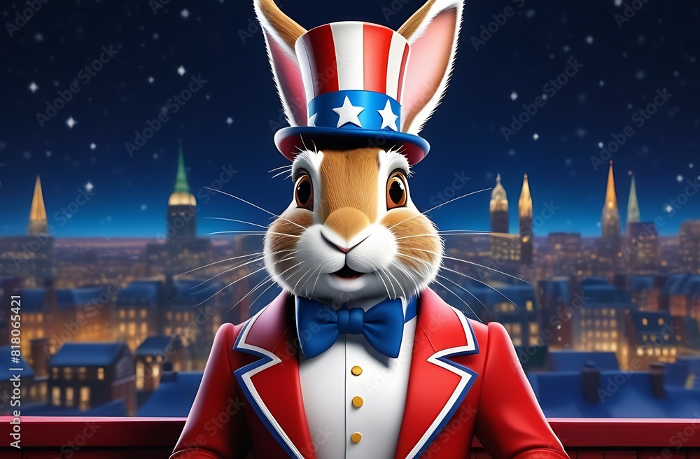 Cartoon character cute rabbit in an American Uncle Sam hat, blue bow ...