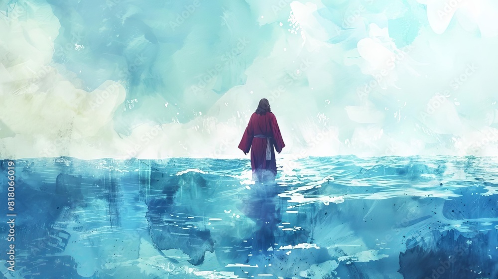jesus walking on water miracle scene from the bible digital watercolor ...