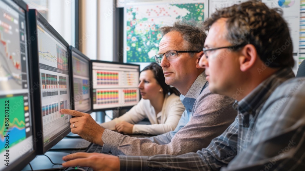 Show a team of analysts reviewing predictive models on computer screens, with data ...