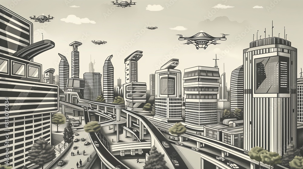 Evolution of Futuristic Cities: Black Ink Line Art of Skyscrapers ...