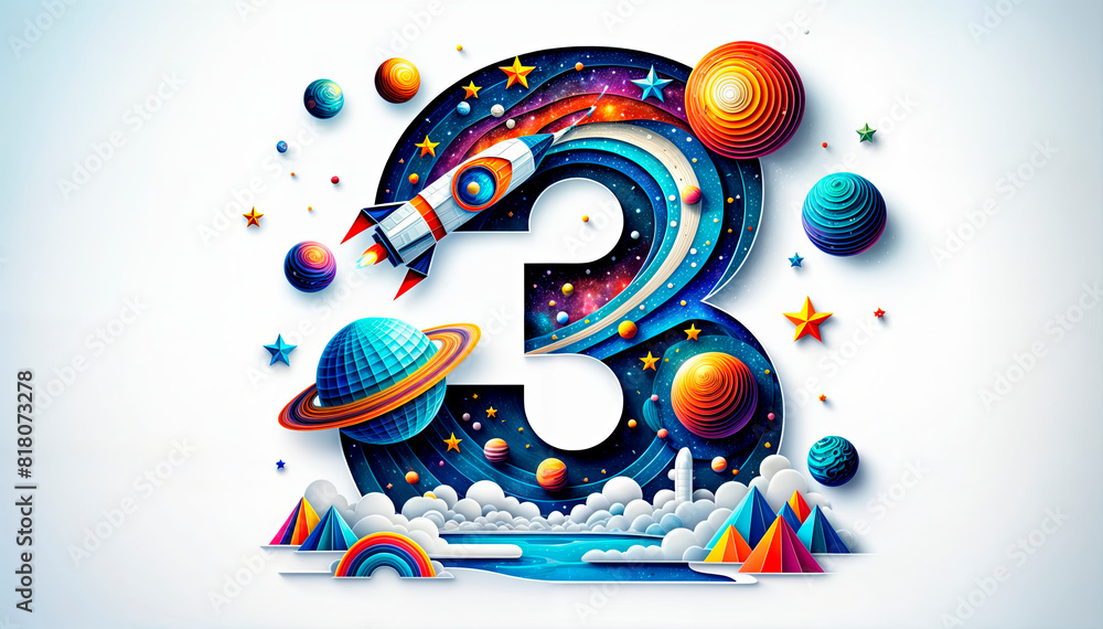 Number “3” design with planets, stars, and rockets. Perfect for ...