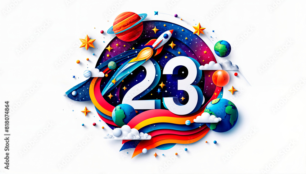Number “23” in a colorful space-themed design with planets, stars, and ...