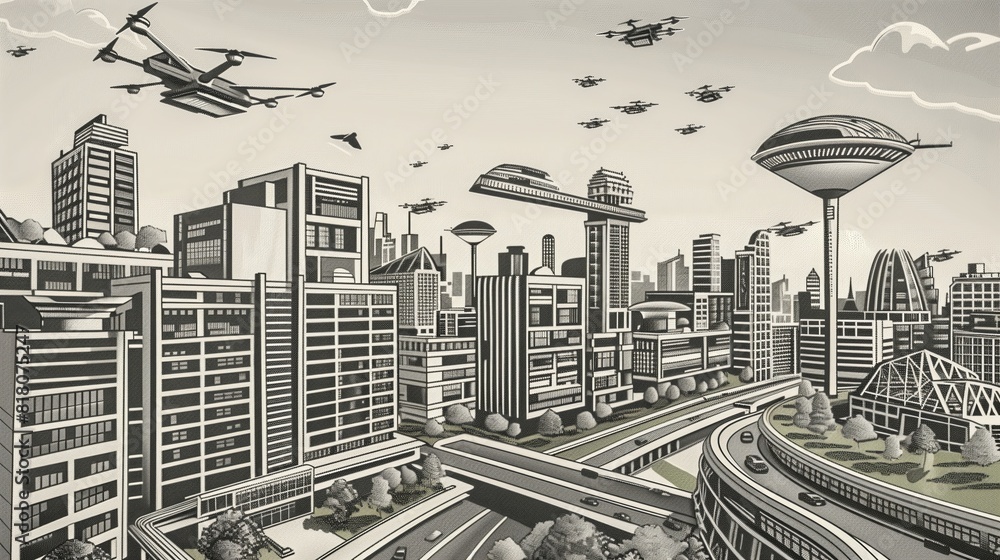 Evolution of Futuristic Cities: Black Ink Line Art of Skyscrapers ...