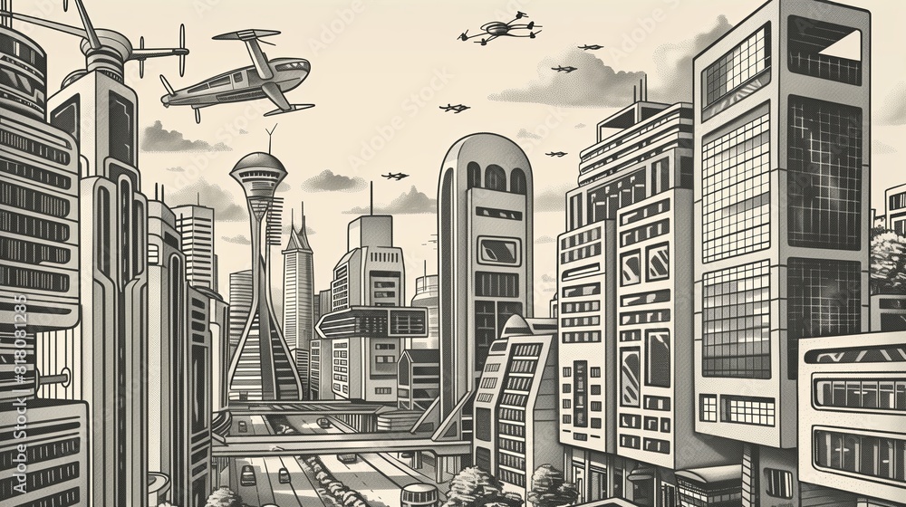 Evolution of Futuristic Cities: Black Ink Line Art of Skyscrapers ...