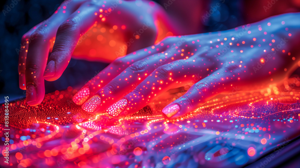 pair of hands interacting with a digital interface or touch-sensitive ...