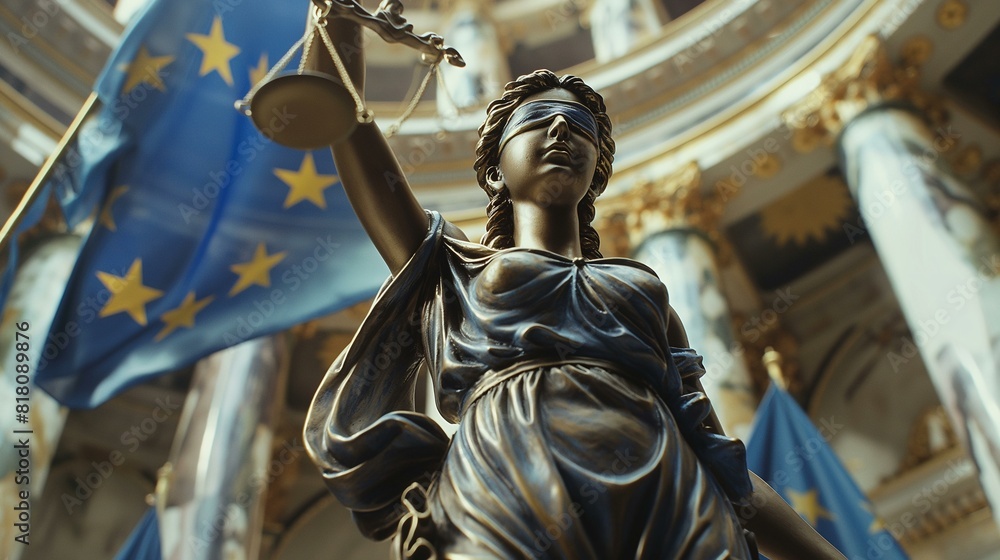 Lady Justice Statue with European Union Flags in Grand Hall Stock Photo ...