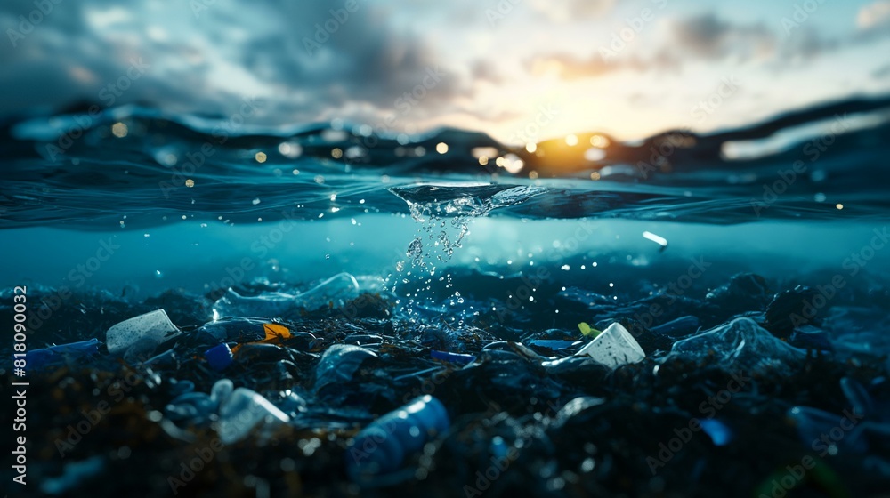 Polluted Ocean Surface with Plastic Waste Highlighting Environmental ...