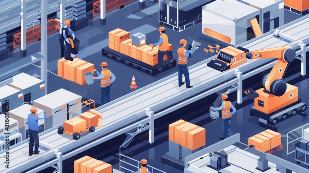 Show robots working alongside human workers in a warehouse, with ...