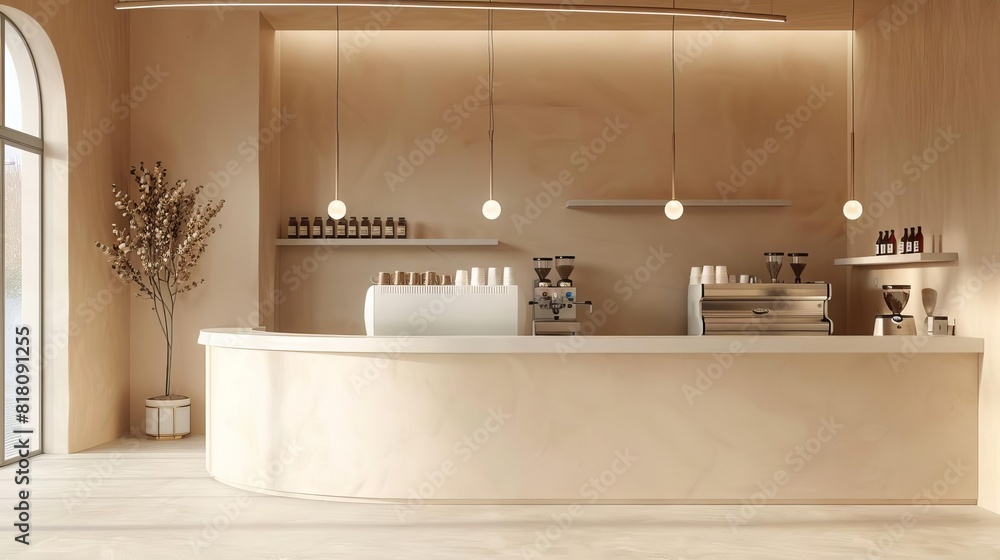minimalist beige coffee shop interior with glossy white round counter ...