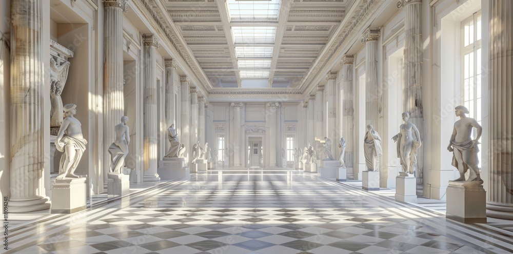 White marble statues and sculptures in an empty museum room with ...