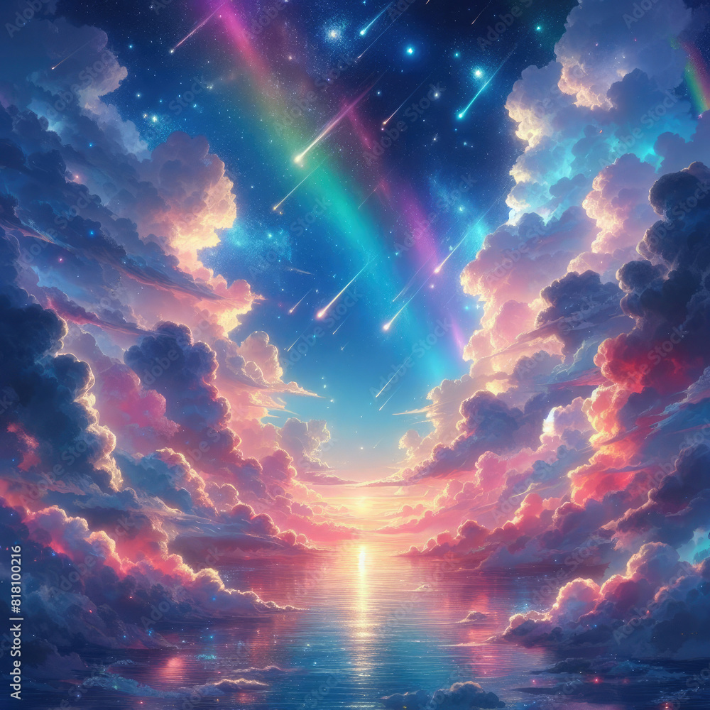 Generative AI, the sight of a meteor shower on a beautiful night with a ...