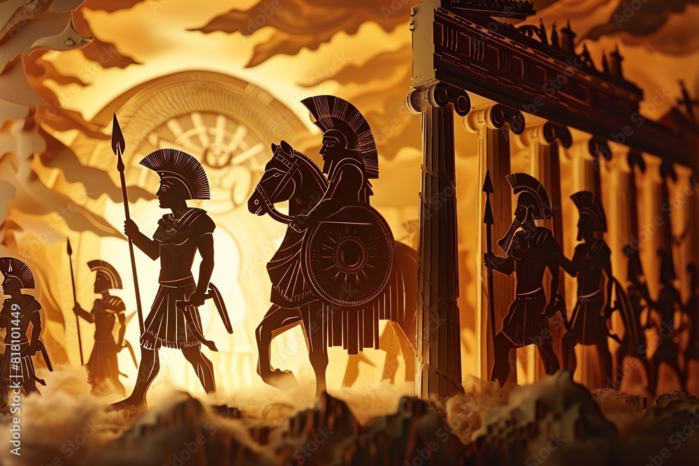 The image shows an ancient Greek warrior on a horse leading a group of ...