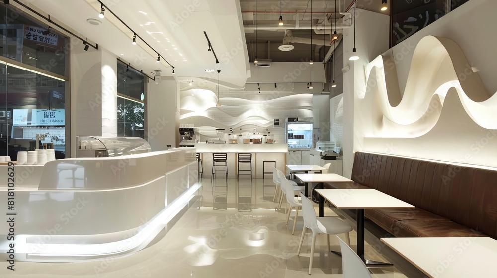 modern minimalist korean cafe interior design with glossy white counter ...