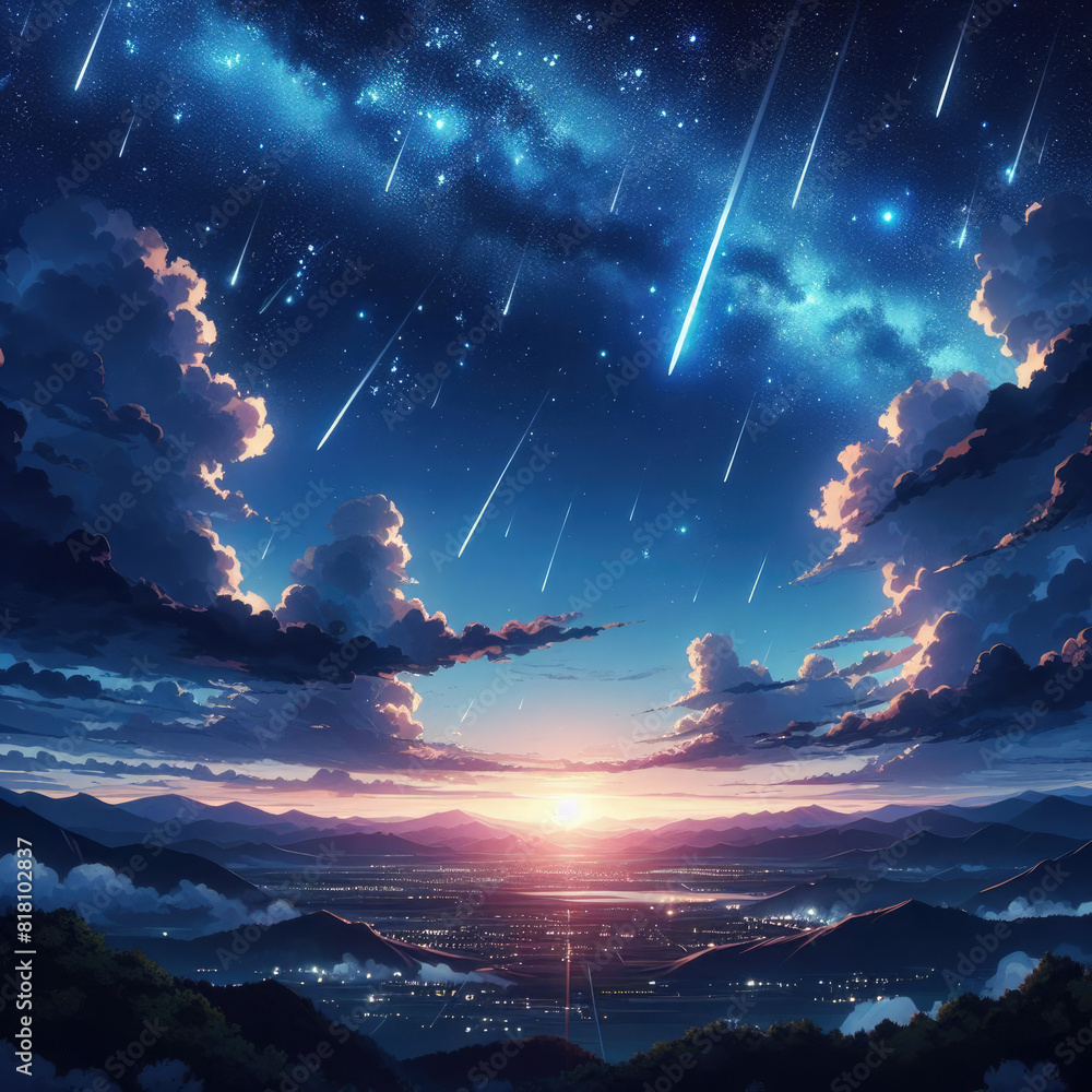 Generative AI, the sight of a meteor shower on a beautiful night with a ...