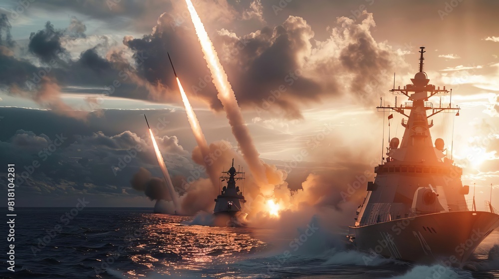 naval warfare tactics wide banner of missiles launching from warship ...