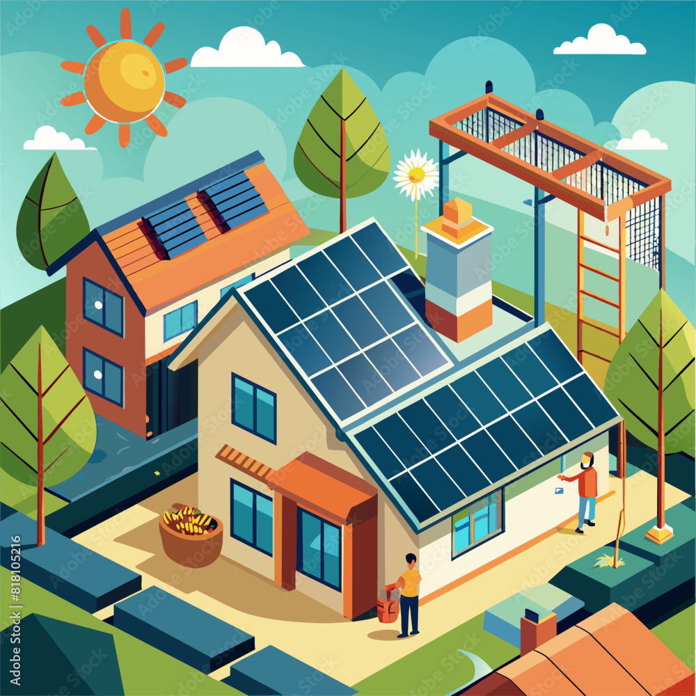 house, solar panels, people, working, modern, renewable, energy ...