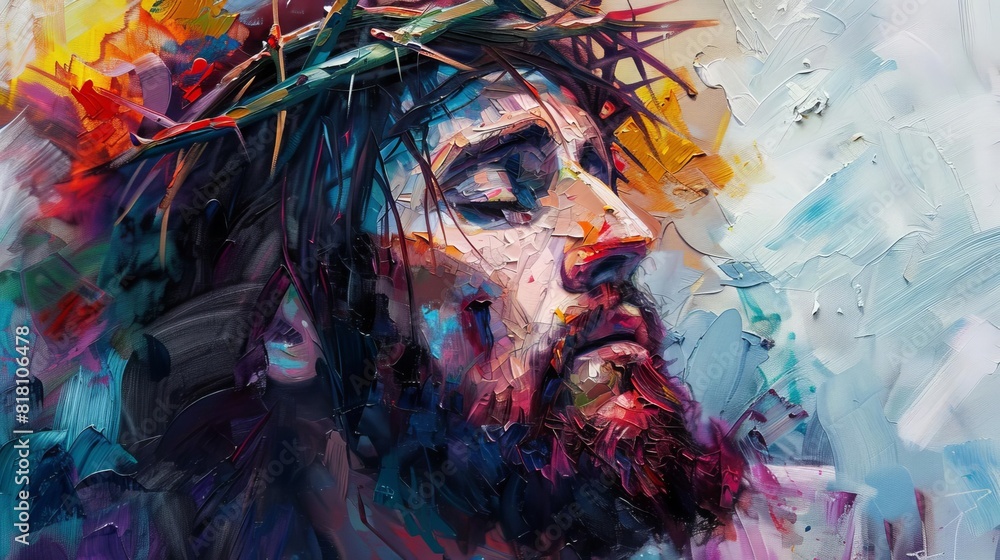 pensive jesus portrait with crown of thorns eyes closed in prayer ...