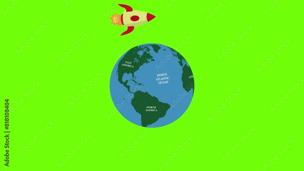 Cartoon rocket launch around the world animation on green screen ...