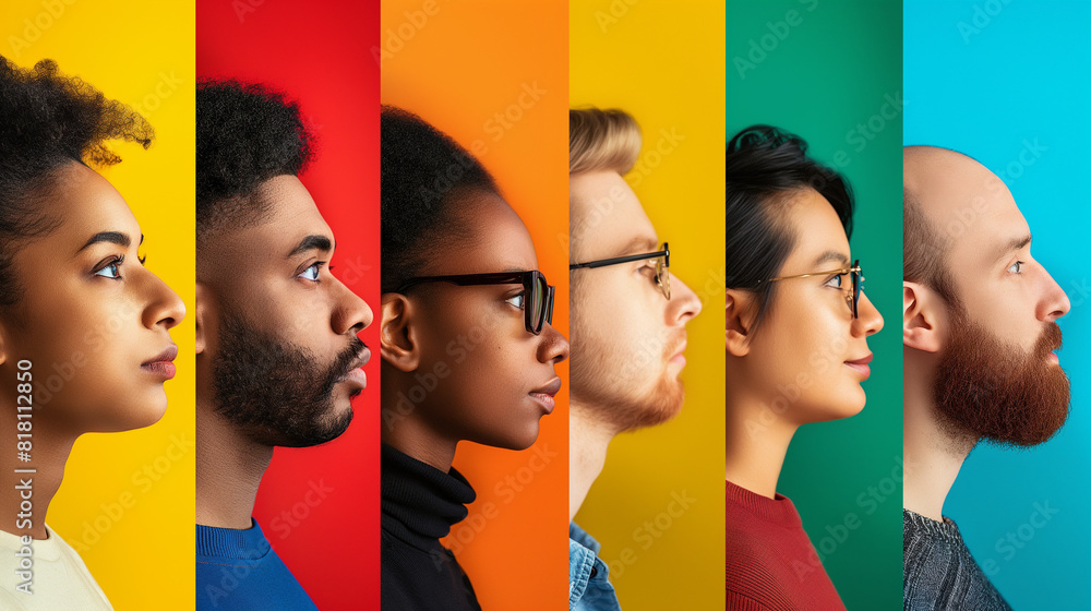 Six diverse faces in profile on colorful backgrounds Stock Illustration ...