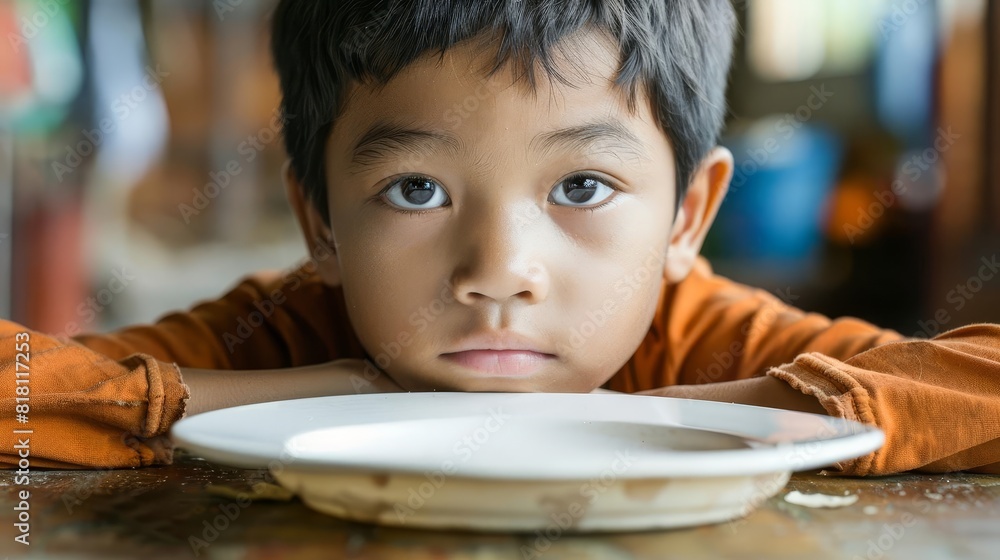 somber young boy with empty plate conceptual image of child hunger and ...