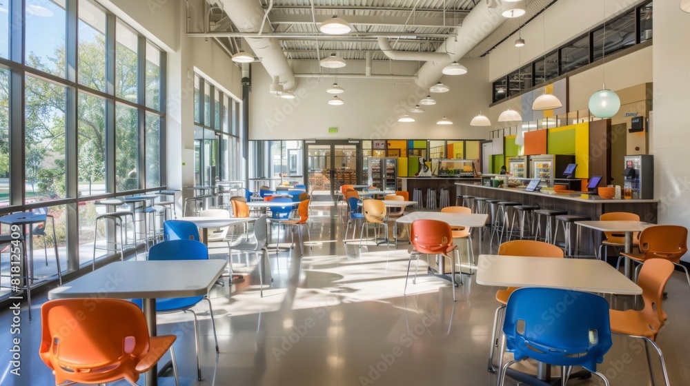 A modern cafeteria featuring colorful chairs and tables, large windows ...