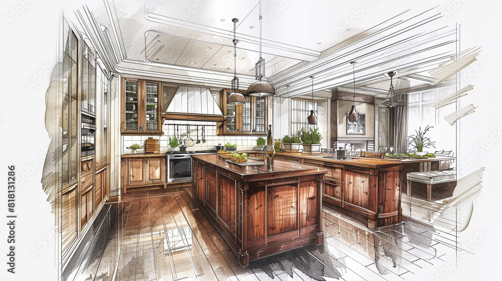 A hand drawn sketch of the interior design for a kitchen with wooden ...