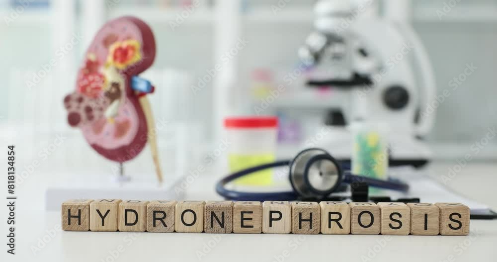Word Hydronephrosis on clinic table near human kidney model at urine ...