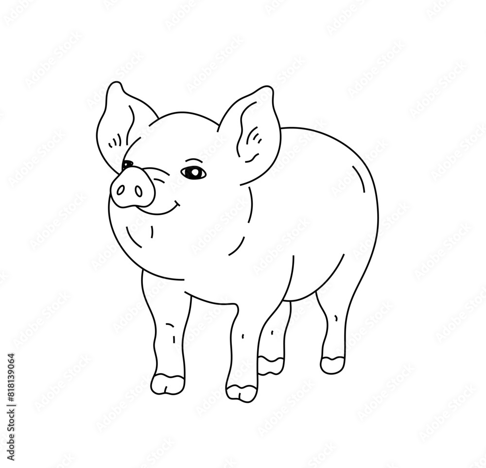 Vector isolated one single funny pig pigles colorless black and white ...