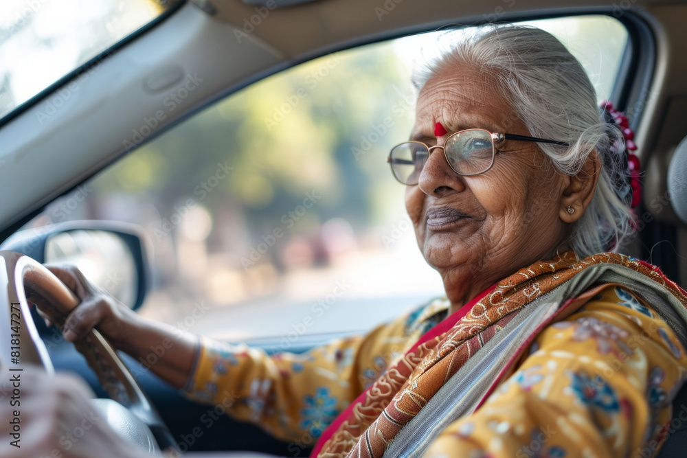 Contented Indian older woman driving her car solo, savoring the driving ...