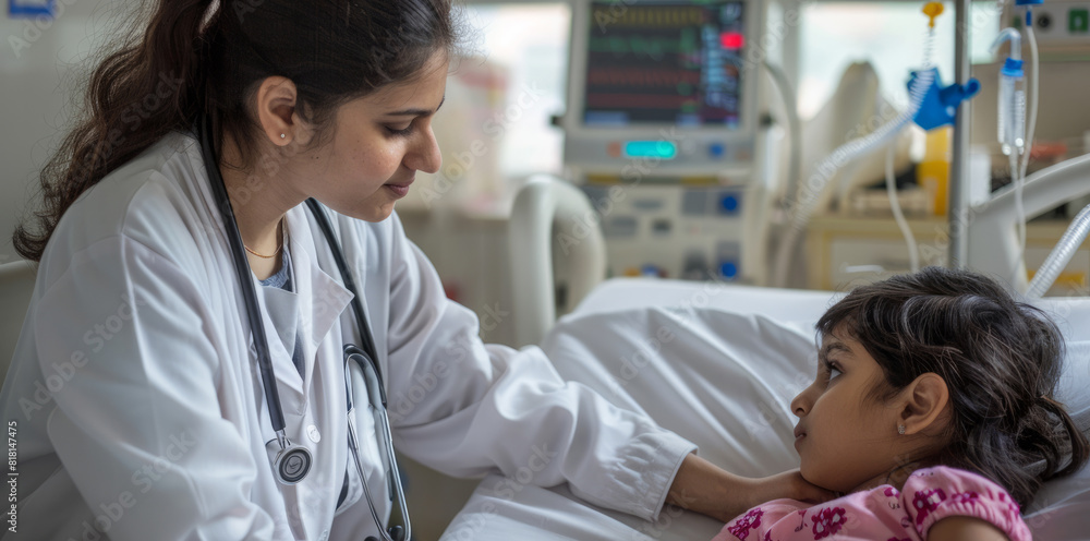 Indian female doctor attending to a young girl in a hospital room ...