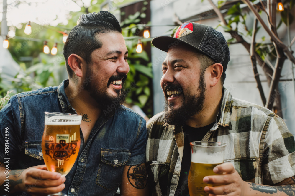 Latino best friends savoring beers and deep in conversation, embodying ...
