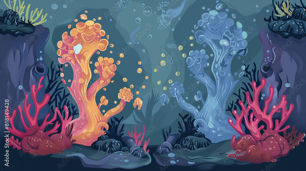 Hydrothermal vent creatures flat design front view deep ocean theme cartoon drawing ...