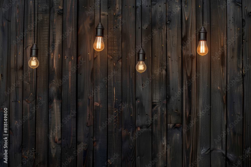 Dark wood background with hanging Edison bulbs. The wall is made of ...
