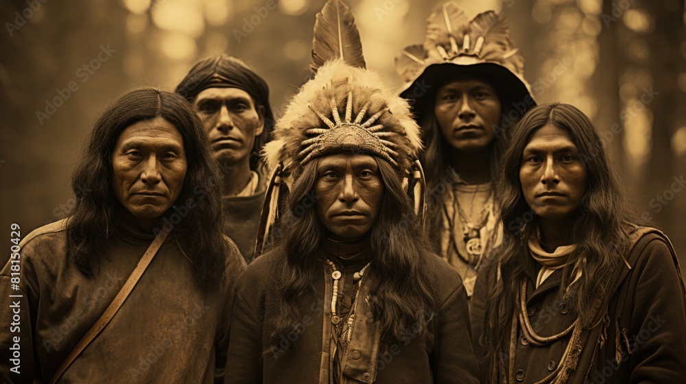 Group of Native Americans in Traditional Garb in a Forest Setting Stock ...