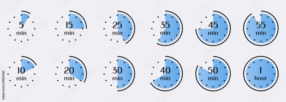Visual representation of time intervals from 5 minutes to 1 hour. Timer ...