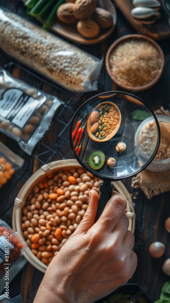 Someone holding a magnifying glass over a table filled with food ...