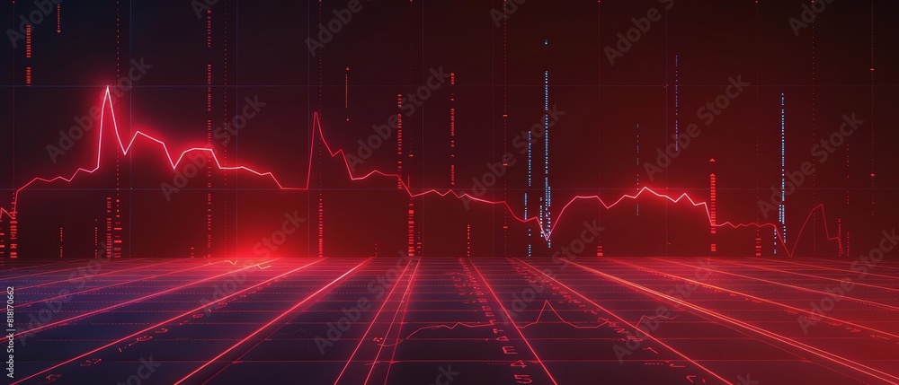 A blank podium showcase with a digital graph showing a red downward ...