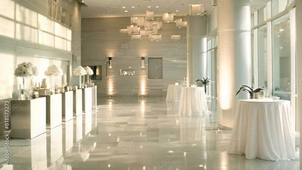 A chic and modern reception hall filled with tables and chairs for ...