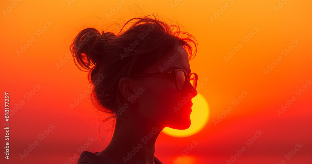 Side view portrait of beautiful girl in front of the sun, summer ...