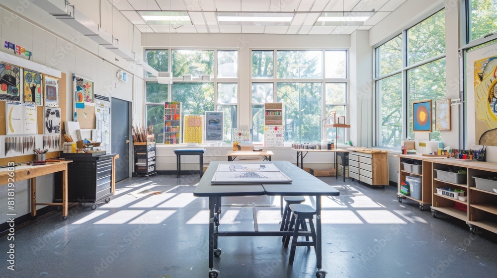 A large art studio flooded with natural light from numerous windows ...
